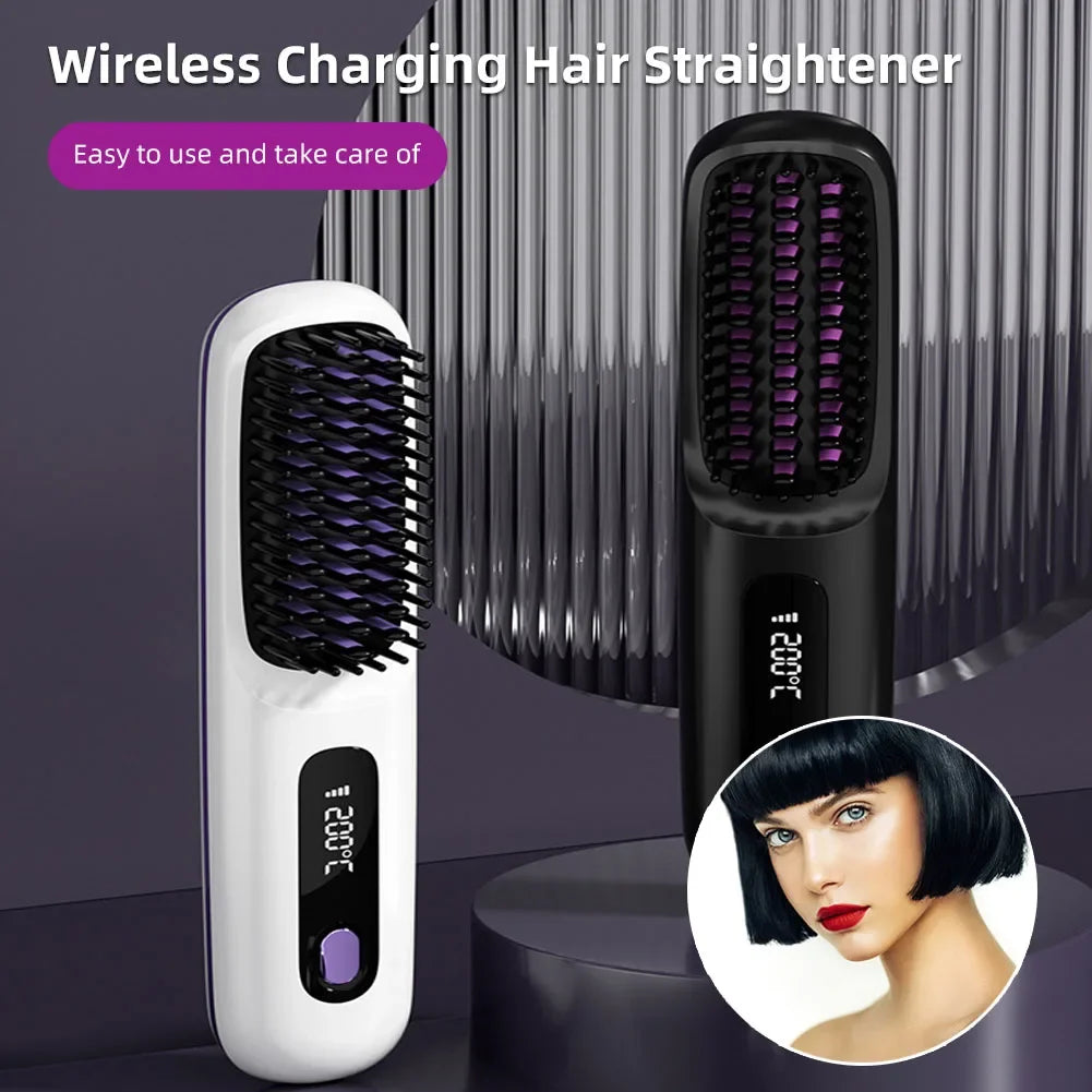 Hair Straightener Brush USB Rechargeable Cordless Negative Ions Hot Br ...