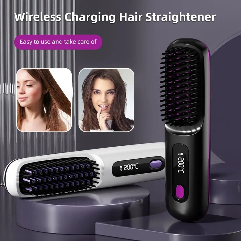 Hair Straightener Brush USB Rechargeable Cordless Negative Ions Hot Br ...